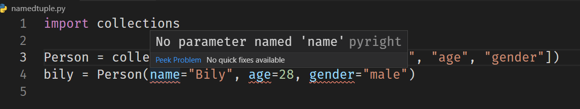 Can't resolve namedtuple parameters · Issue #212 · microsoft/pyright · GitHub