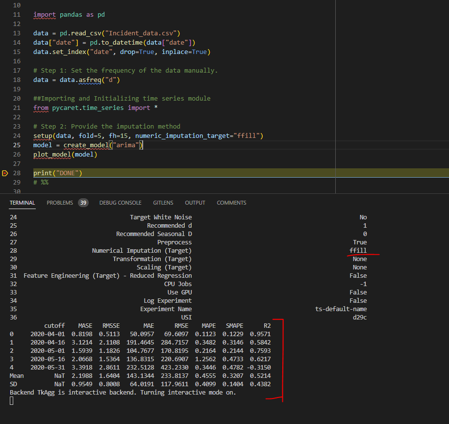 time series numeric_imputation_target="ffill" is not working. and plot_model is not showing any ...