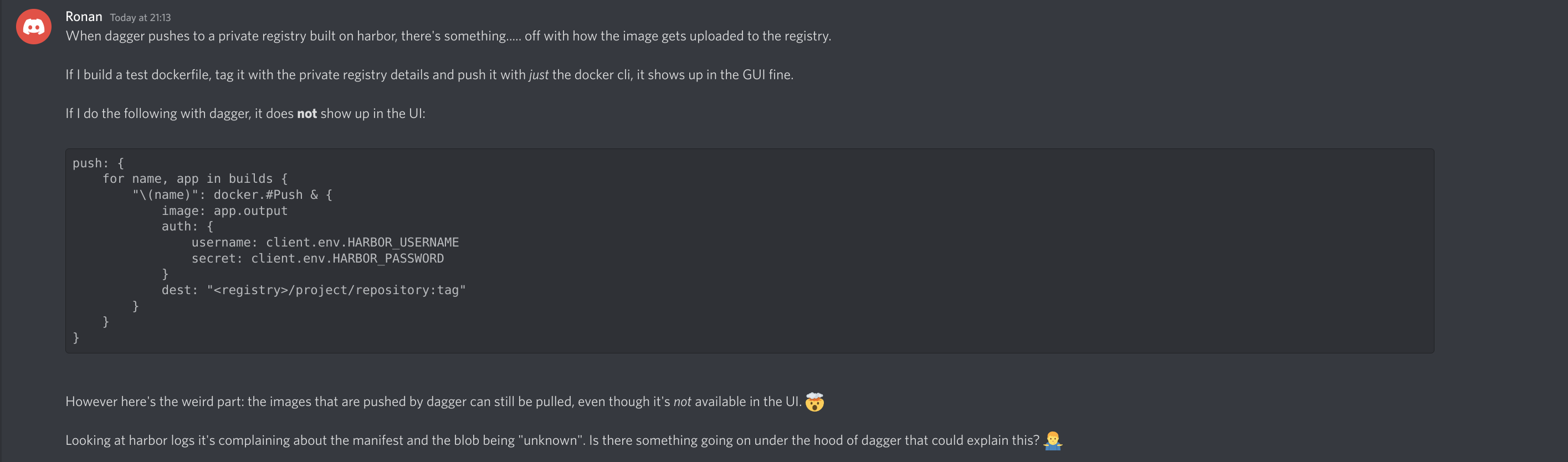 Dagger images pushed to harbor are missing from harbor's UI🐞 · Issue #2235 · dagger/dagger · GitHub