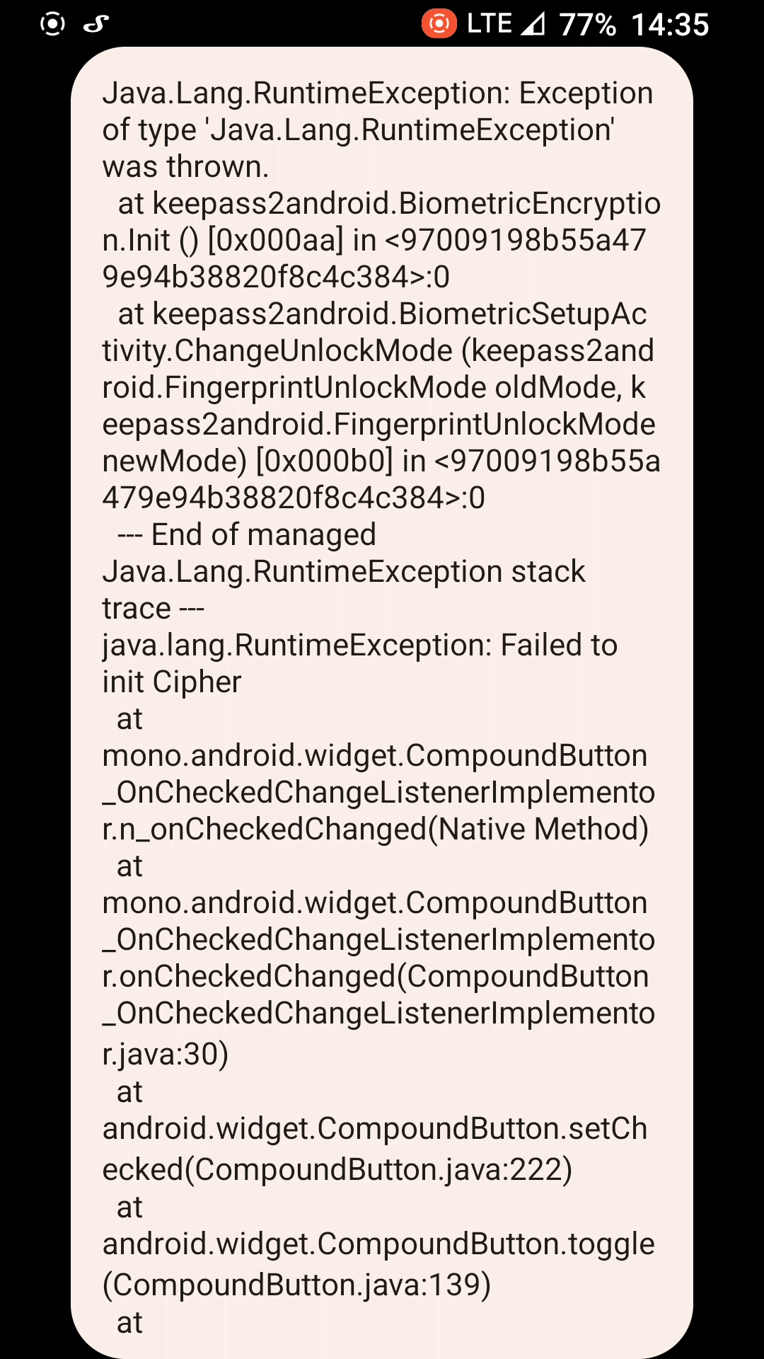 Crash using fingerprint · Issue #2293 · PhilippC/keepass2android · GitHub