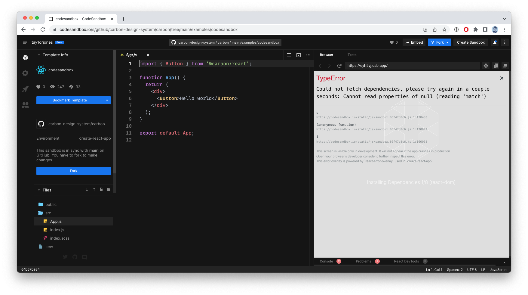 Codesandbox broken, can not fetch dependencies · Issue #11282 · carbon-design-system/carbon · GitHub