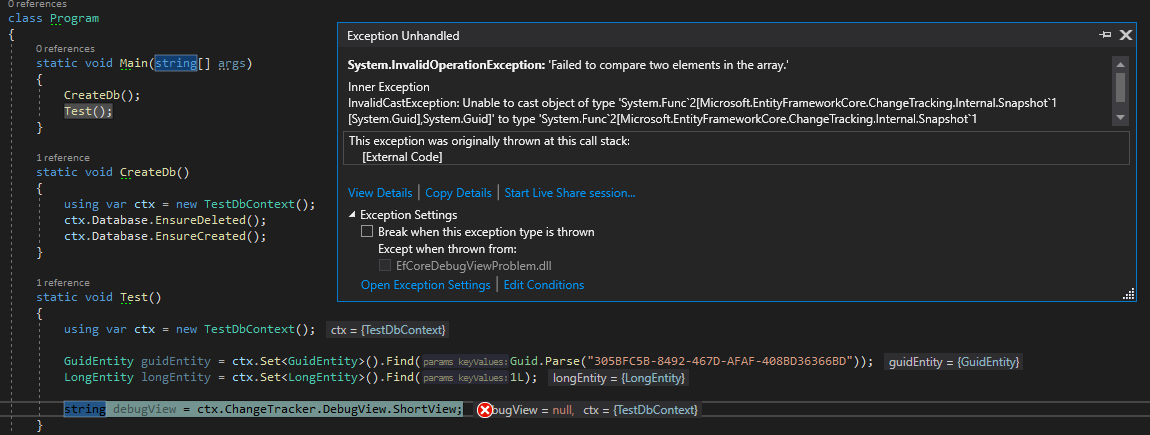 ChangeTracker.DebugView crashes when 2 Entities with different Id Types share the same ...
