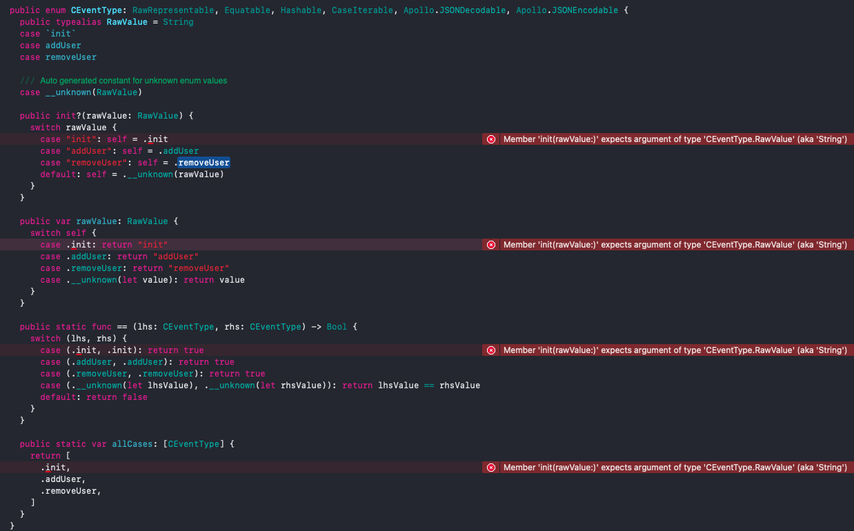 [codegen][swift] Code Generation Issue On `init` Enum Case · Issue 2337 · Apollographql Apollo