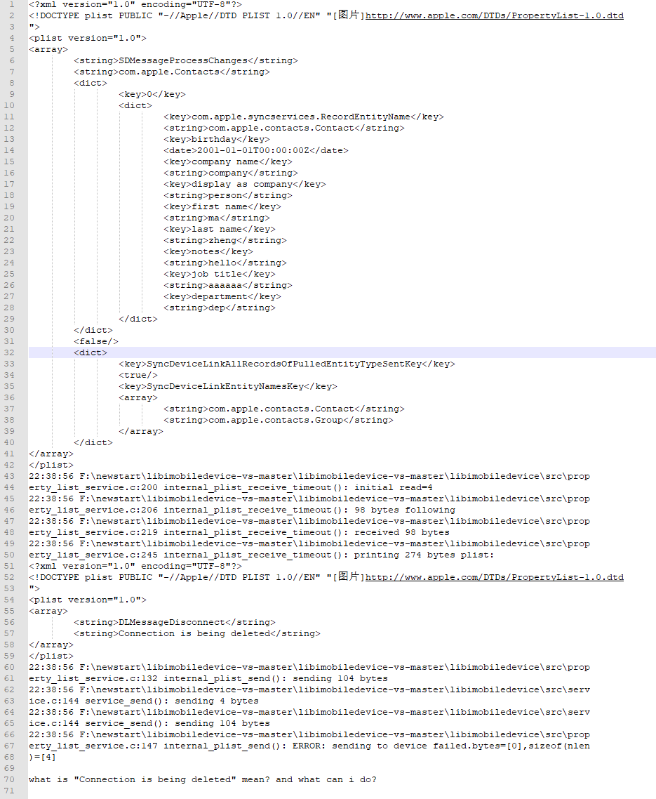 I use mobileSync service to add contact to my iphone,but get "DLMessageDisconnect" message ...