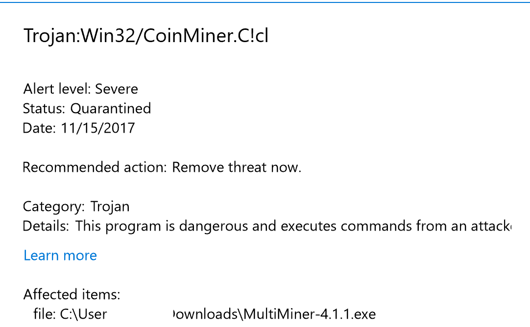 Windows 10 Defender sees CoinMiner trojan in MultiMiner-4.1.1.exe · Issue #292 · nwoolls ...