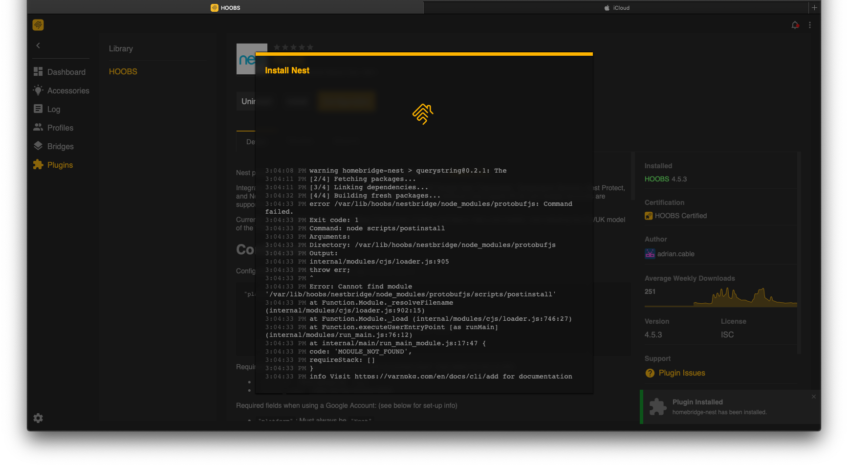 Plugins won't install on HOOBS 4 · Issue #1331 · hoobs-org/HOOBS · GitHub
