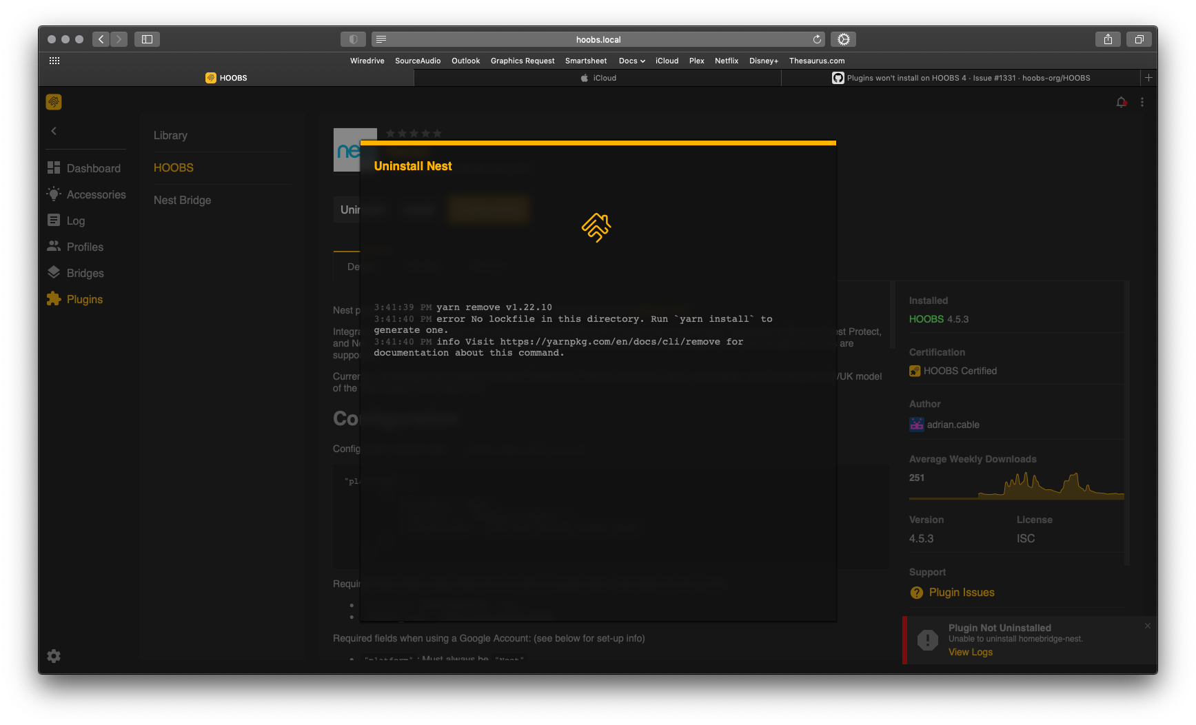 Plugins won't install on HOOBS 4 · Issue #1331 · hoobs-org/HOOBS · GitHub