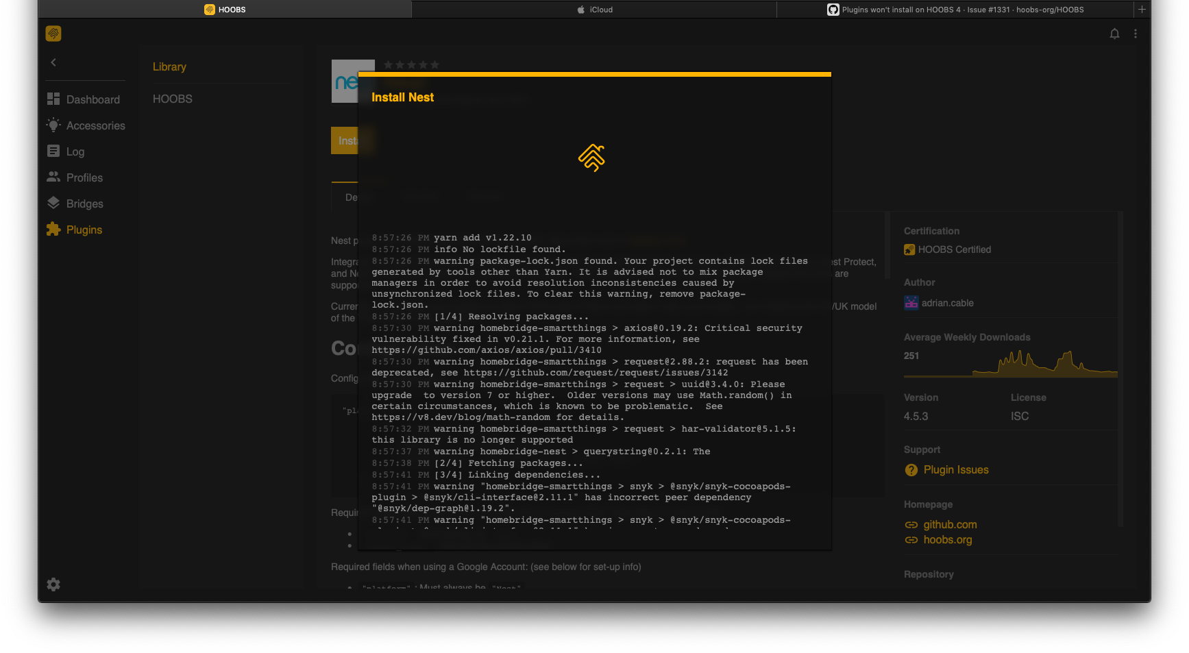 Plugins won't install on HOOBS 4 · Issue #1331 · hoobs-org/HOOBS · GitHub
