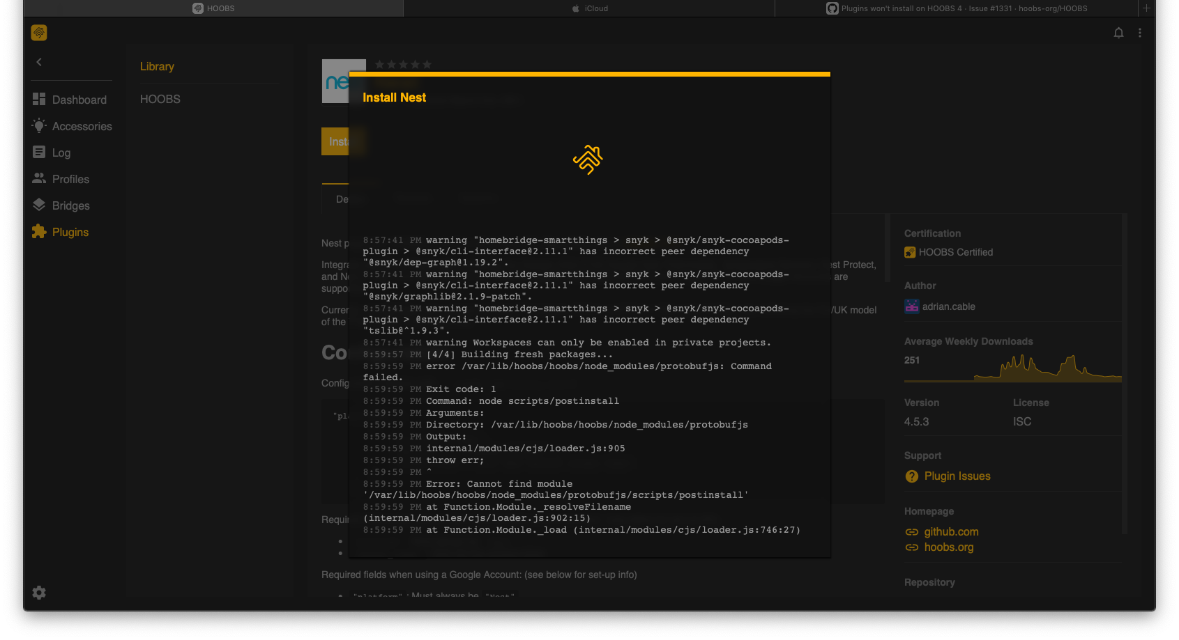 Plugins won't install on HOOBS 4 · Issue #1331 · hoobs-org/HOOBS · GitHub