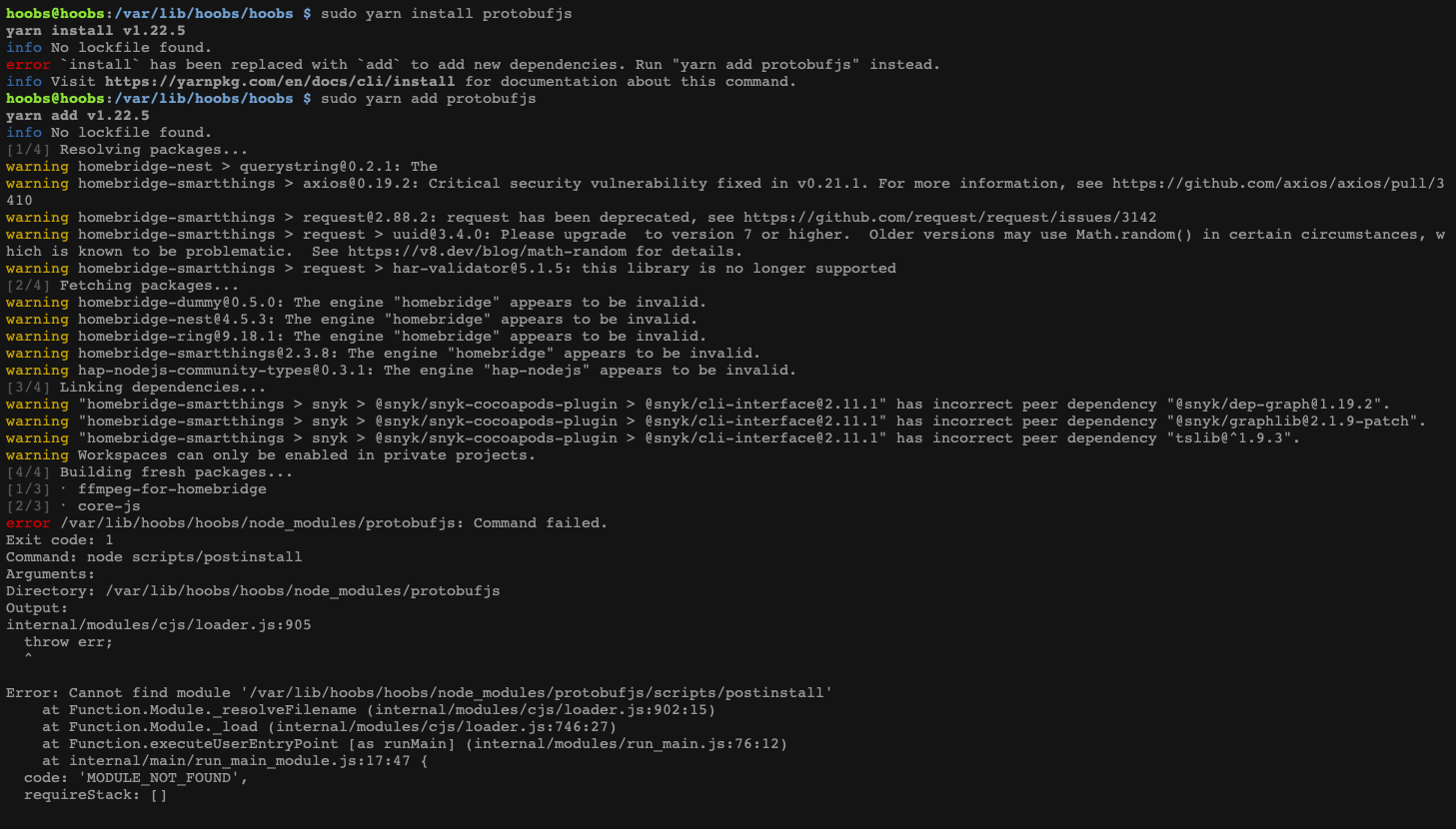 Plugins won't install on HOOBS 4 · Issue #1331 · hoobs-org/HOOBS · GitHub