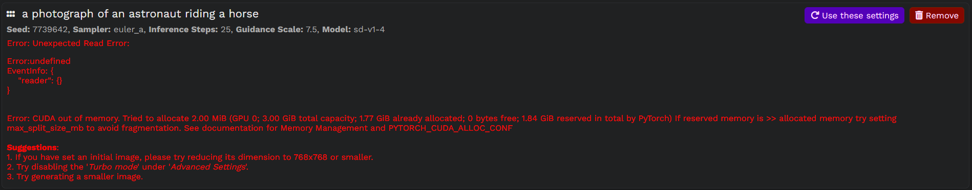 ERROR : "CUDA out of memory" when turbo mode activated with GPU 3Go · Issue #773 · easydiffusion ...