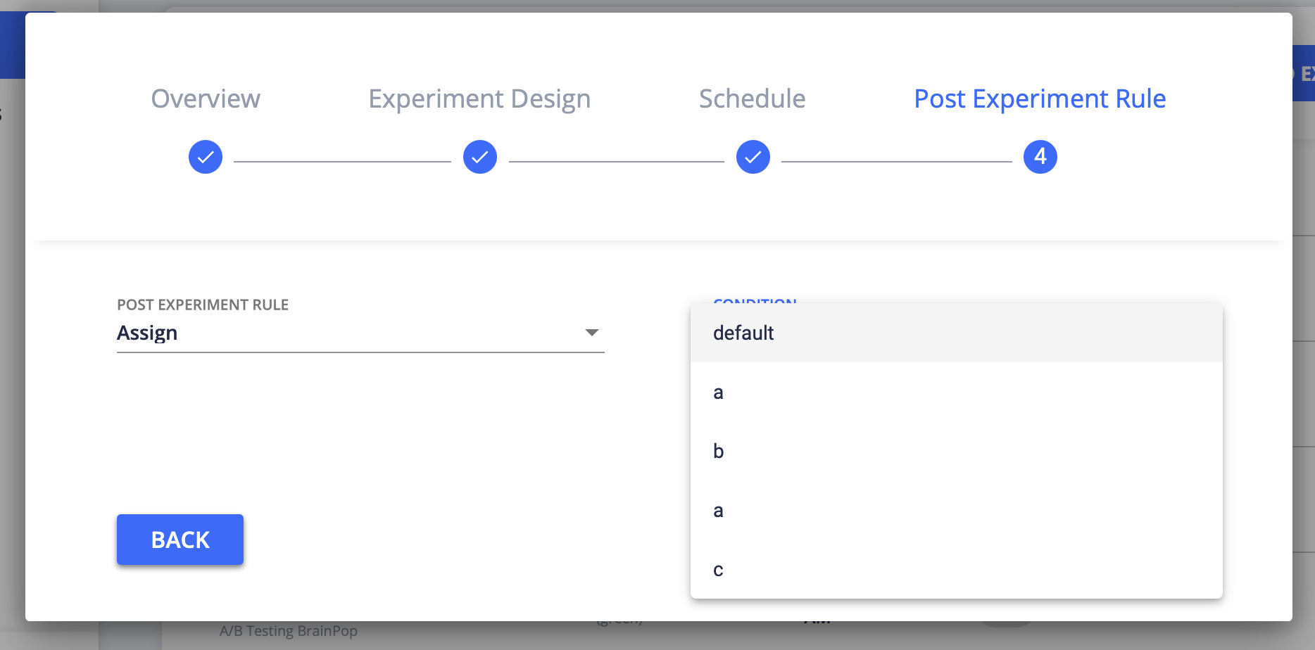 Conditions are not synced properly in Post Experiment Rule as in Experiment Design (modal ...