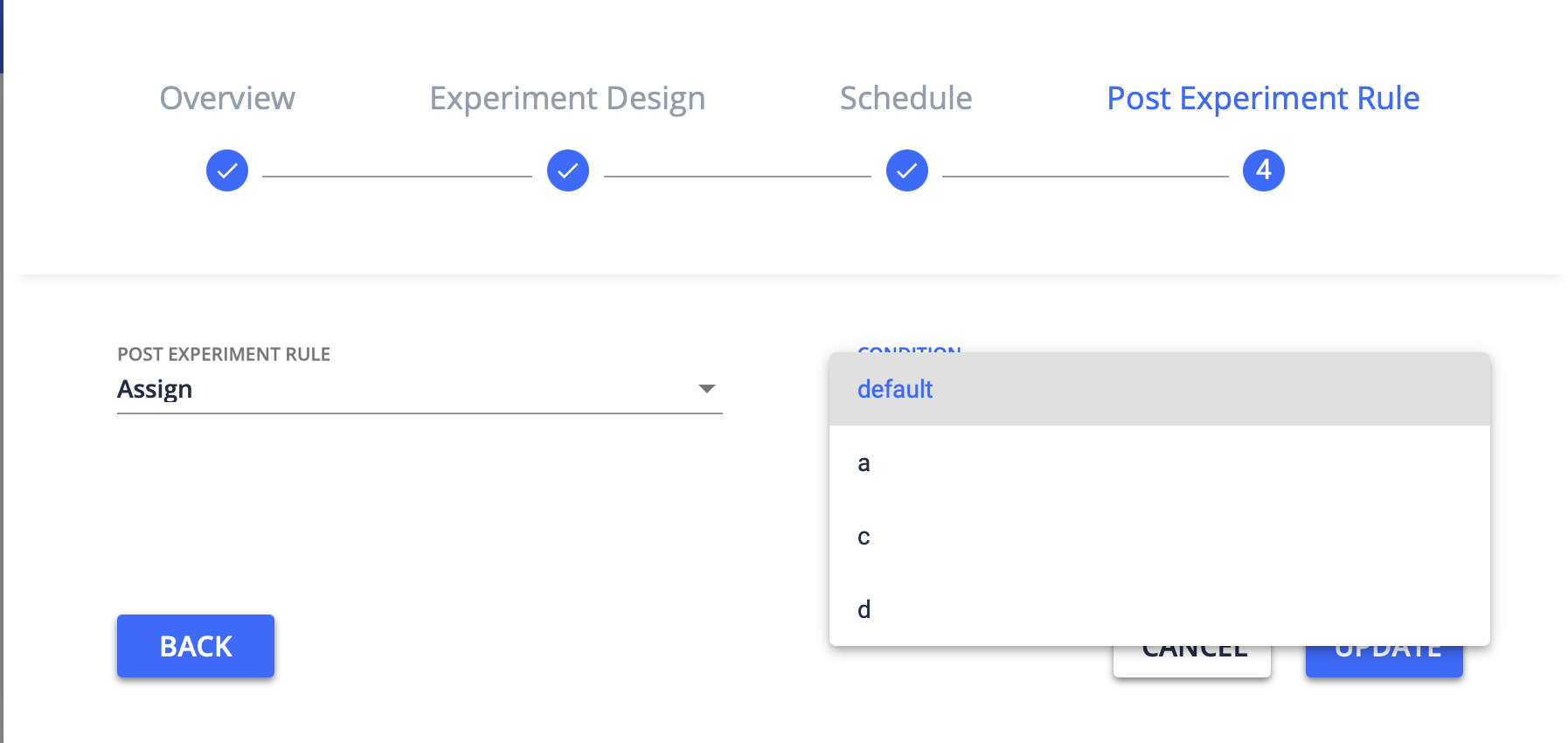Conditions are not synced properly in Post Experiment Rule as in Experiment Design (modal ...