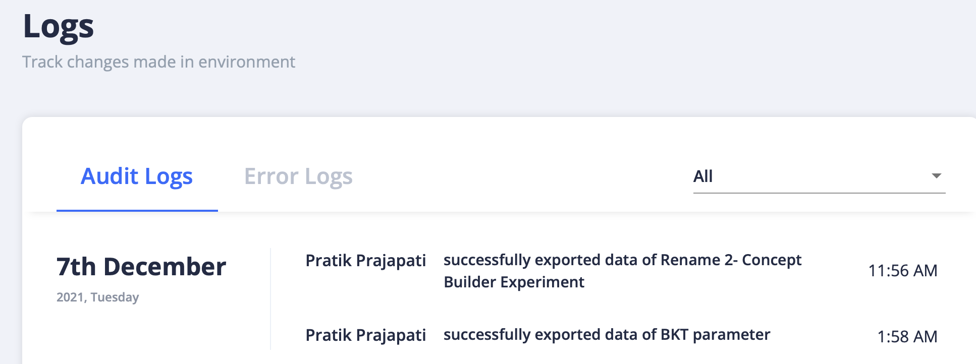 Produce audit log of of experiment design export · Issue #208 · CarnegieLearningWeb/UpGrade · GitHub