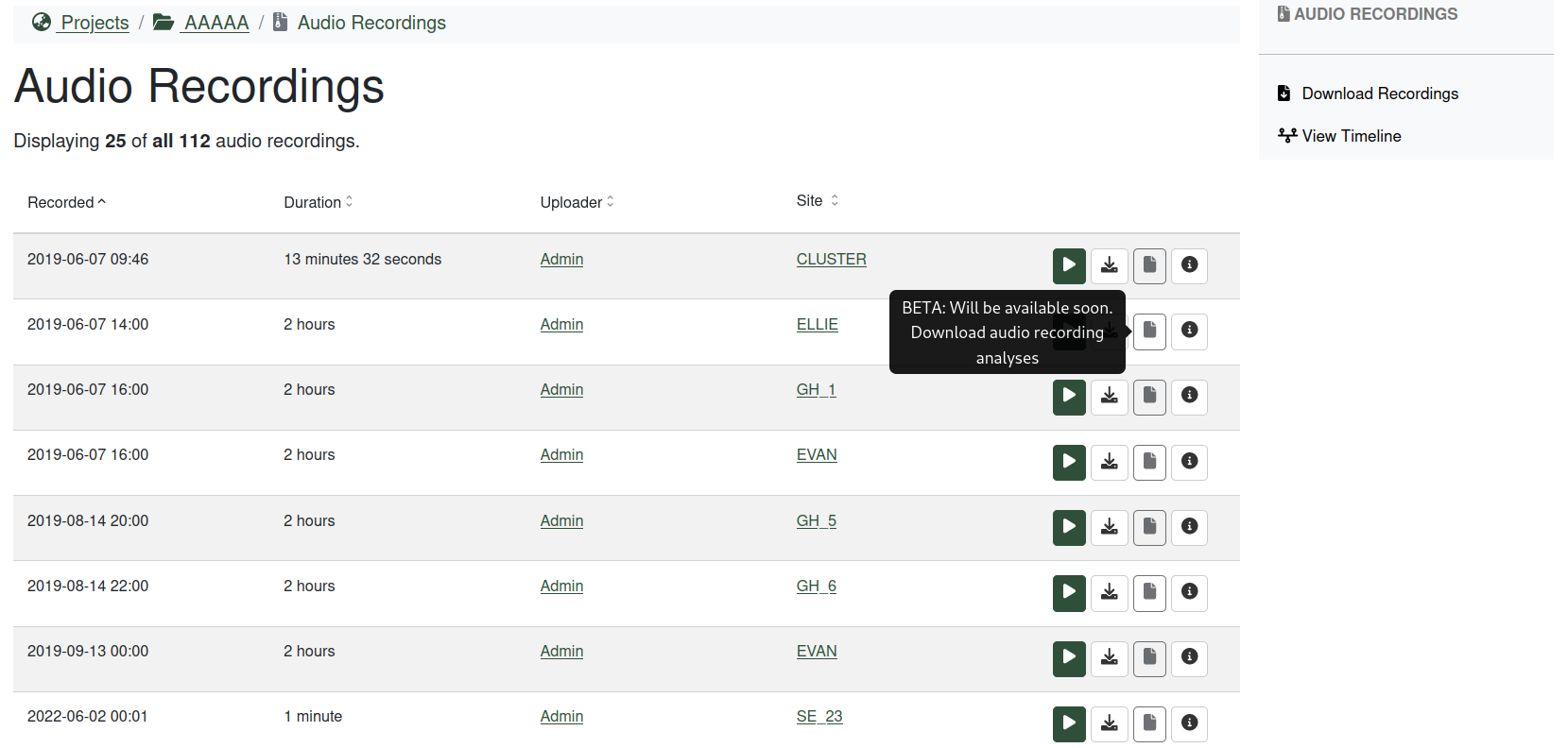 Add a WIP download analyses button to the audio recording list table ...
