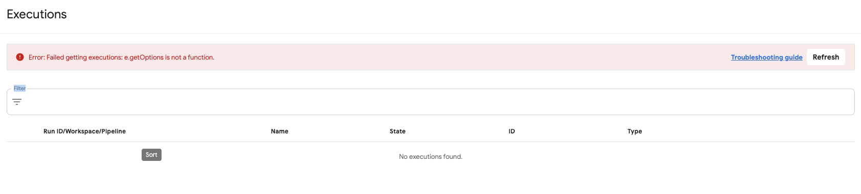 Error `failed Getting Executions E Getoptions Is Not A Function ` When Opening Execution Tab