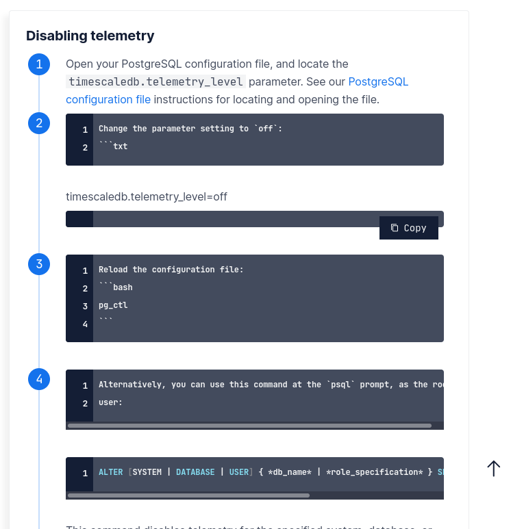 [content Bug] Incomplete Steps On The Telemetry Page · Issue 661 · Timescale Docs · Github