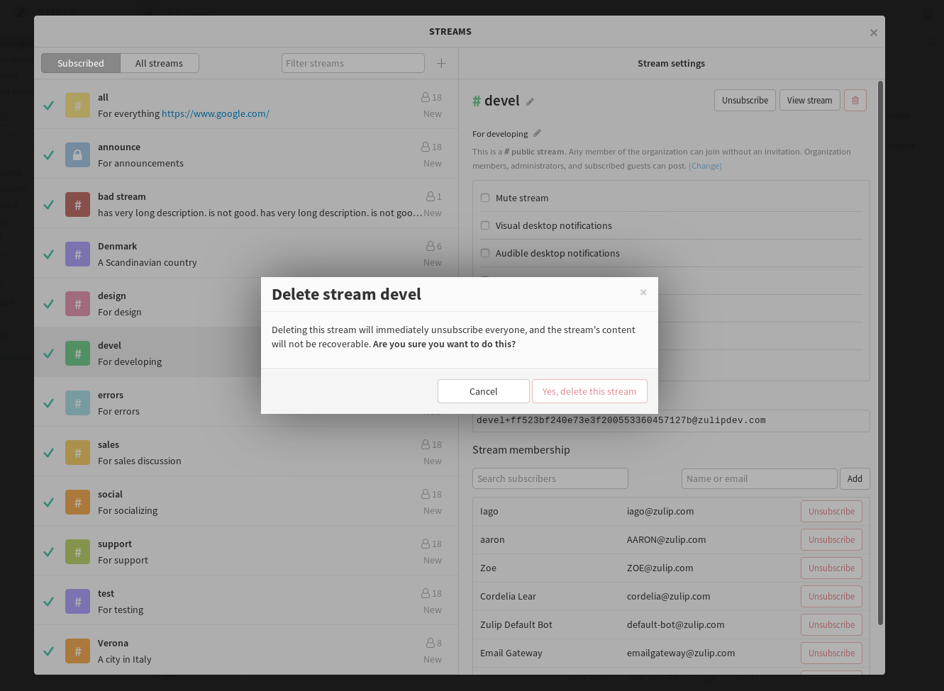 Stream Settings Bug In Delete Stream Modal Appearance · Issue 12394 · Zulip Zulip · Github