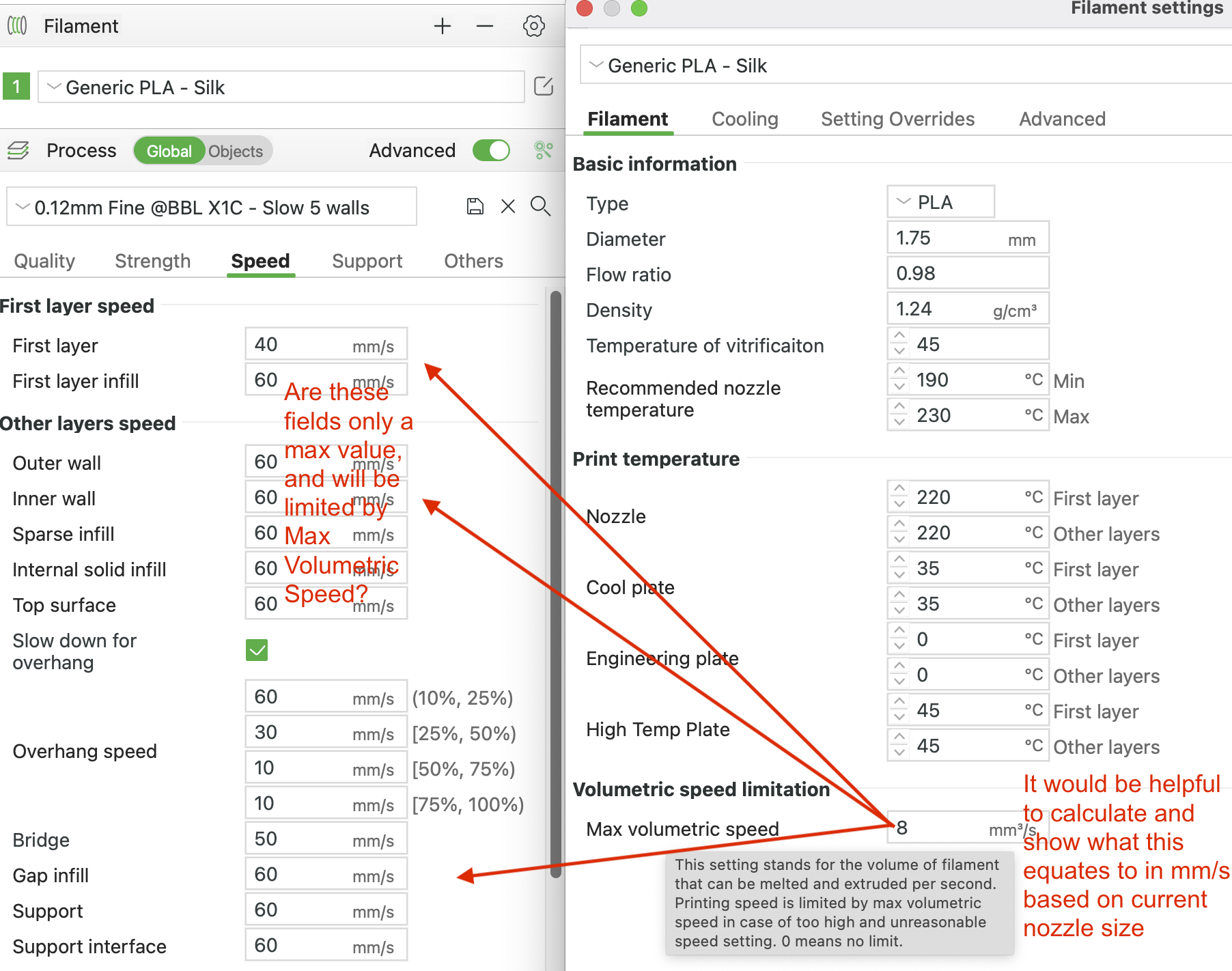 [Feature Request] override speed settings per-filament or more details & calculator for max ...