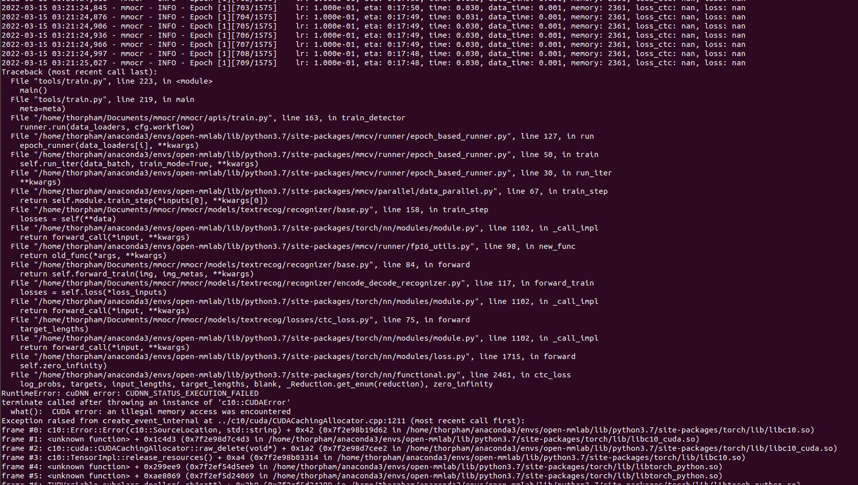 Error when train OCR recognition model CRNN and CRNN-TPS · Issue #838 · open-mmlab/mmocr · GitHub
