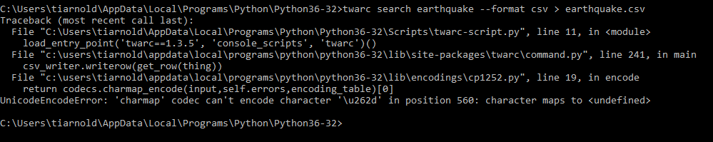 UnicodeEncode error when writing CSV on Windows · Issue #207 · DocNow/twarc · GitHub
