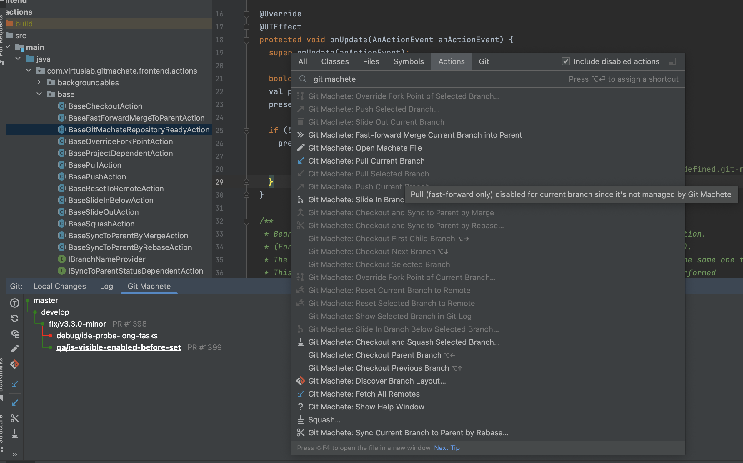 Some actions listed via `Find Action...` are unexpectedly disabled ...