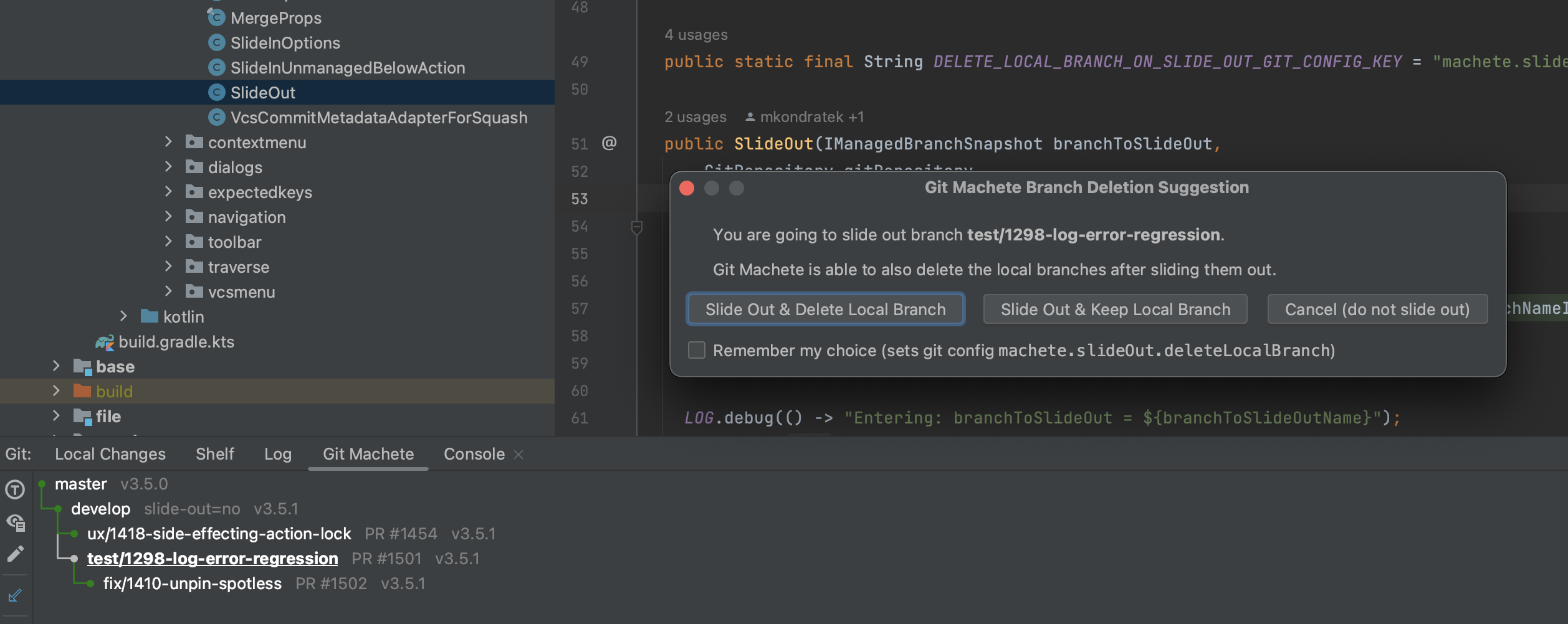 When sliding out in traverse, the user is asked to delete the current branch, which subsequently ...