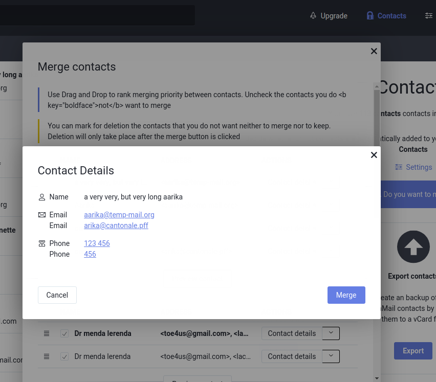 Contact preview in the merge modal displays encrypted details for a free user · Issue #201 ...
