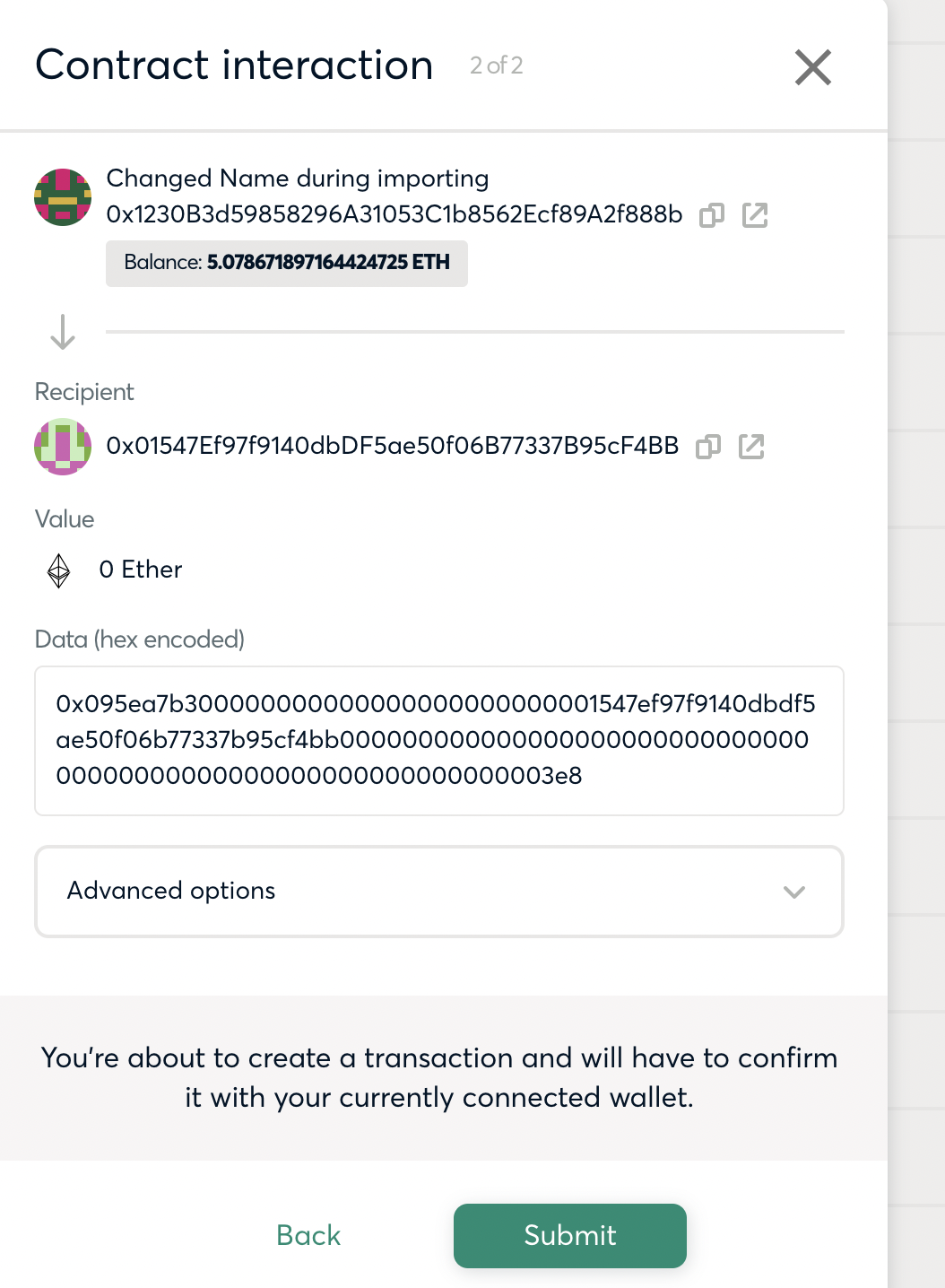 Name is lost on review page for Contract interaction when "Use custom data (hex encoded)" was ...