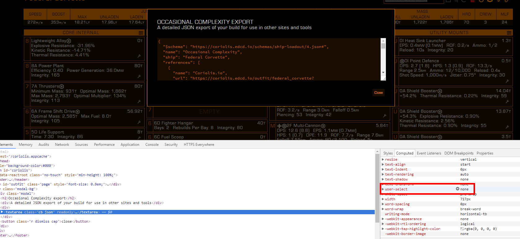 "Export" textarea text unselectable in Chrome · Issue #146 · EDCD/coriolis · GitHub