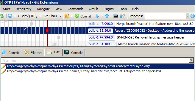 Git extension is not displaying the commits separately, rather they are merged under one commit ...