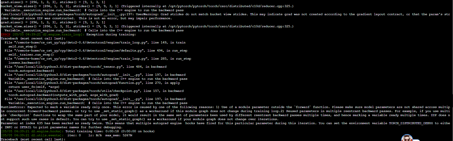 RuntimeError: Parameter at index 988 with name img_backbone.levels.3.blocks.3.gamma2 has been ...