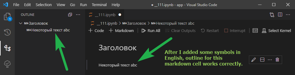 Notebook Outline shows "empty cell", when markdown cell without latin ...