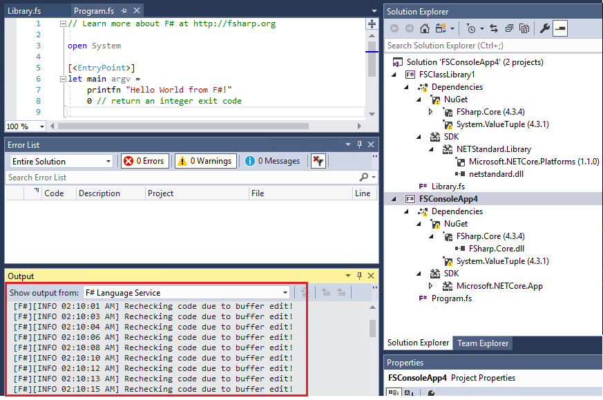 F# .net core project referencing F# .net standard project, the output ...