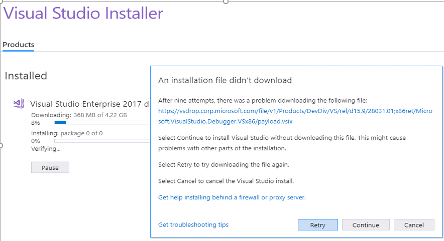 When installing Dev15.9, a message dialog with "An installation file didn't download" always ...