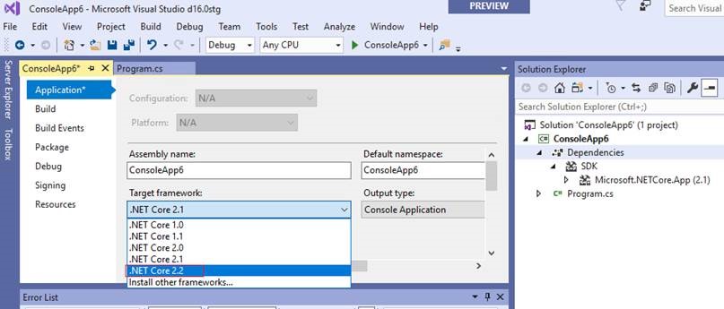 For .Net Core 3.0, in "Application" tab of project properties page, the ...