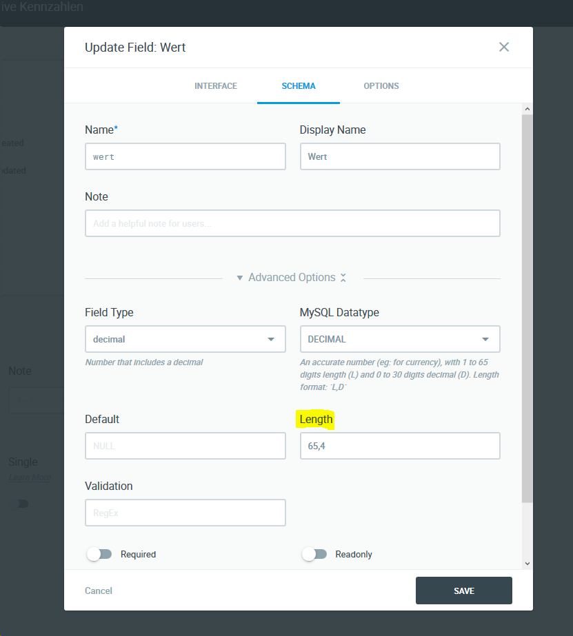 possible DECIMAL range value will automatically been changed to default 10,0 when saving number ...