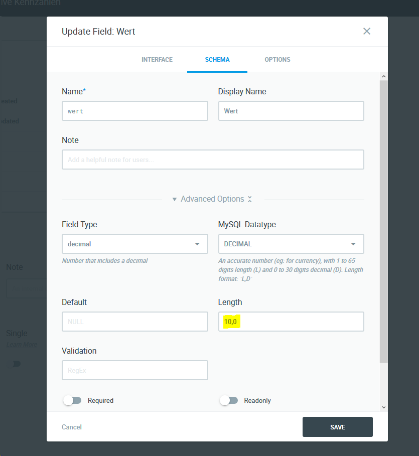 possible DECIMAL range value will automatically been changed to default 10,0 when saving number ...