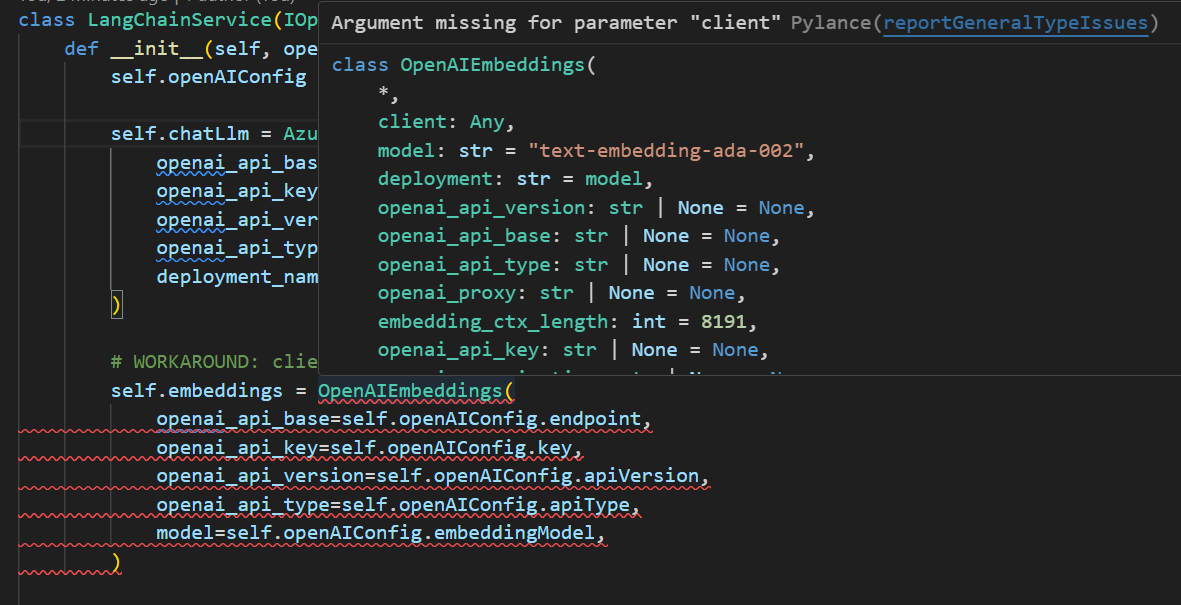 OpenAIEmbeddings expects client parameter · Issue #8966 · langchain-ai/langchain · GitHub