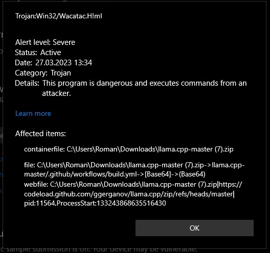 Windows Defender Finds A Virus In Current Master Branch · Issue 554 · Ggml Org Llama Cpp · Github
