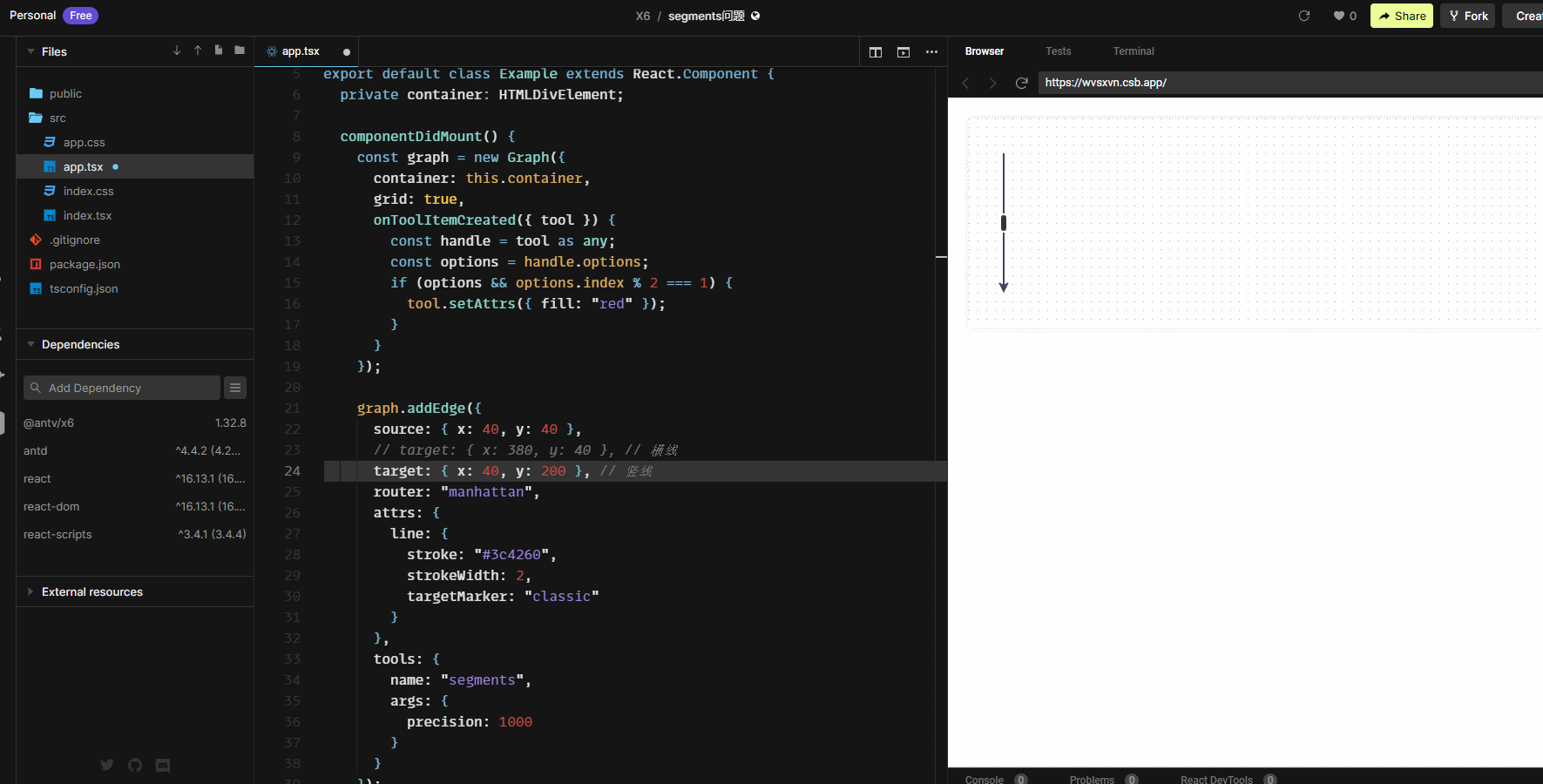 【1.x】【segments】横向连线（连线起点/终点坐标y值相同）segments工具无法上下拖动连线 · Issue #3564 · antvis/X6 · GitHub