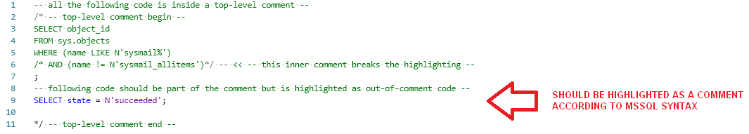 Nested comments break highlighting · Issue #17016 · microsoft/vscode-mssql · GitHub