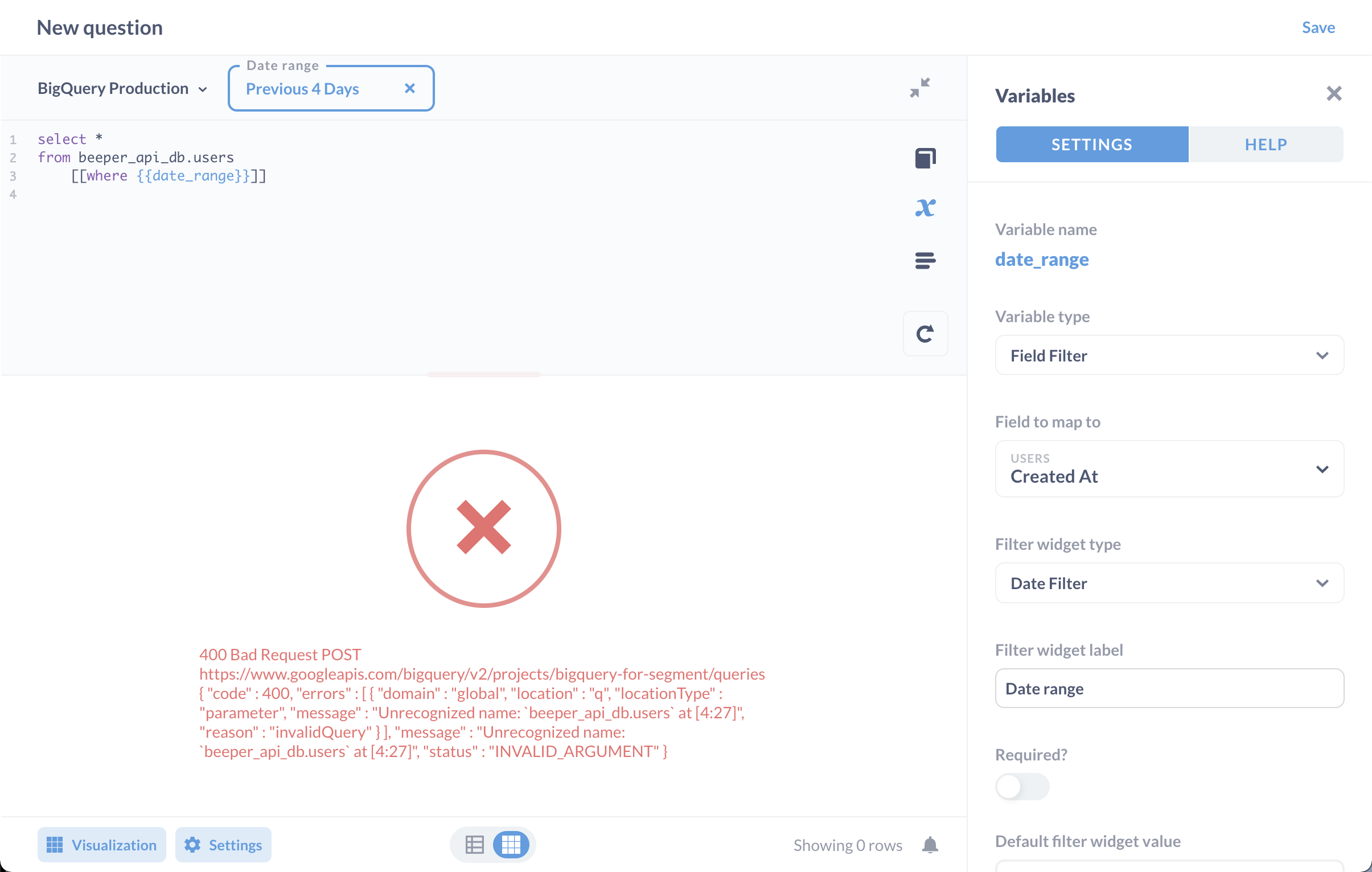 BigQuery database giving "Unrecognized name: " when using a Field Filter on a simple select ...