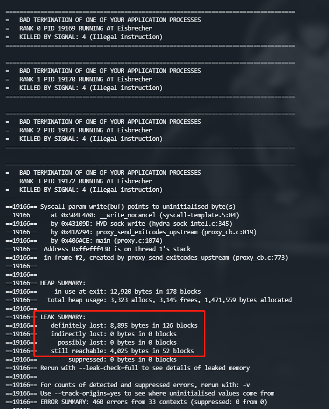 Memory leak in Parallel: any of examples fails when running with `valgrind --trace-children=yes ...