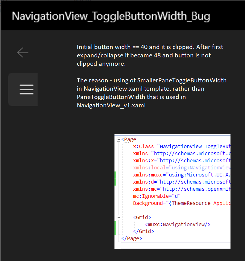 Pane toggle button is clipped in NavigationView · Issue #5854 · microsoft/microsoft-ui-xaml · GitHub