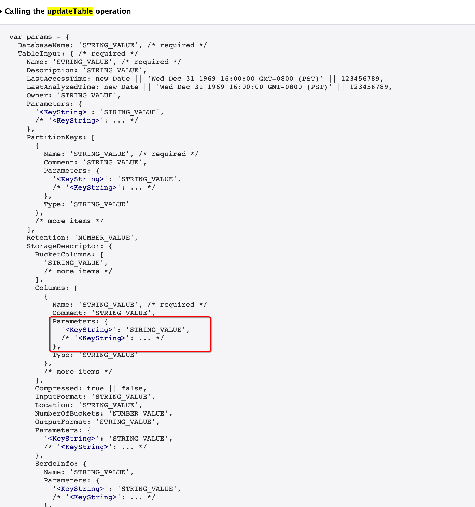 Calling Glue API to updateTable from Lambda Node.js 10 AWS SDK · Issue #2934 · aws/aws-sdk-js ...