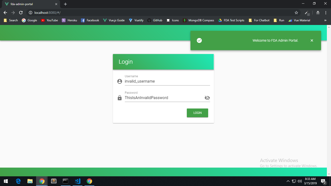 **LOGIN**: Tried to input invalid username and password but prompted a successful message ...