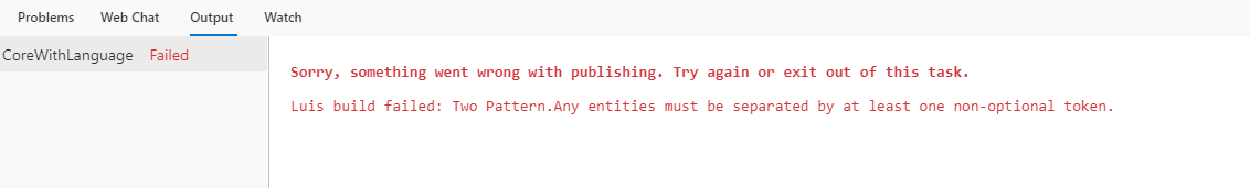 Luis build failed: Two Pattern.Any entities must be separated by at least one non-optional token ...