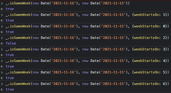 isSameWeek reports Sunday as same week as Monday with weekStartsOn = 1 · Issue #2764 · date-fns ...