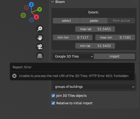 Forbidden, 403 Error when Importing Google 3D Tiles · Issue #356 · vvoovv/blosm · GitHub